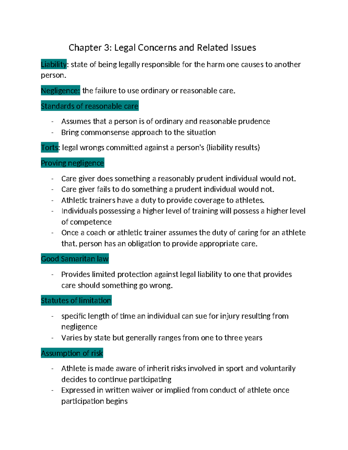 Chapter 3: Legal Concerns & Issues in Athletic Training (AHS 104) - Studocu