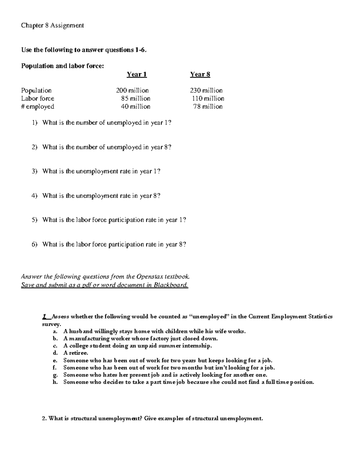 Ch8 Assignment Openstax 2018 - Chapter 8 Assignment Use the following ...