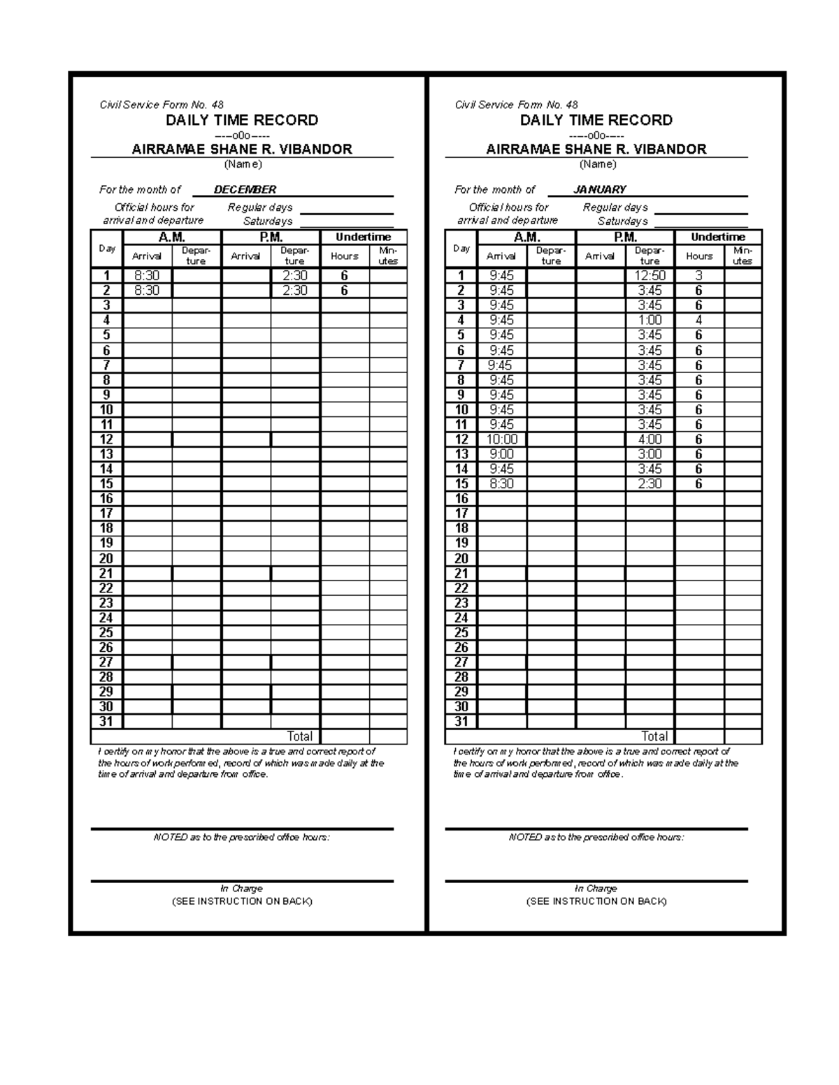 DTR- Templatefor OJT-2 - Civil Service Form No. 48 DAILY TIME RECORD ...