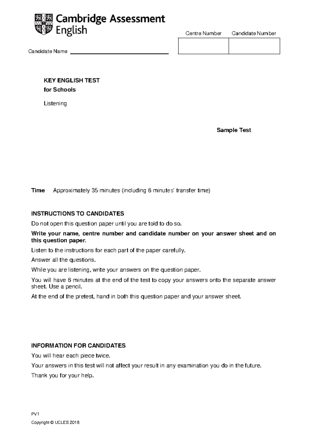 A2 Key for Schools 2020 Listening Sample Test Question Paper - Studocu