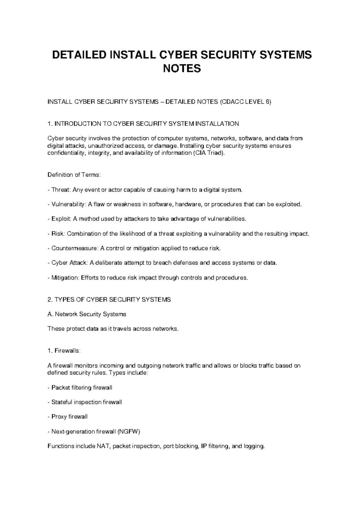 CDACC Level 6: Detailed Cyber Security Systems Installation Notes - Studocu