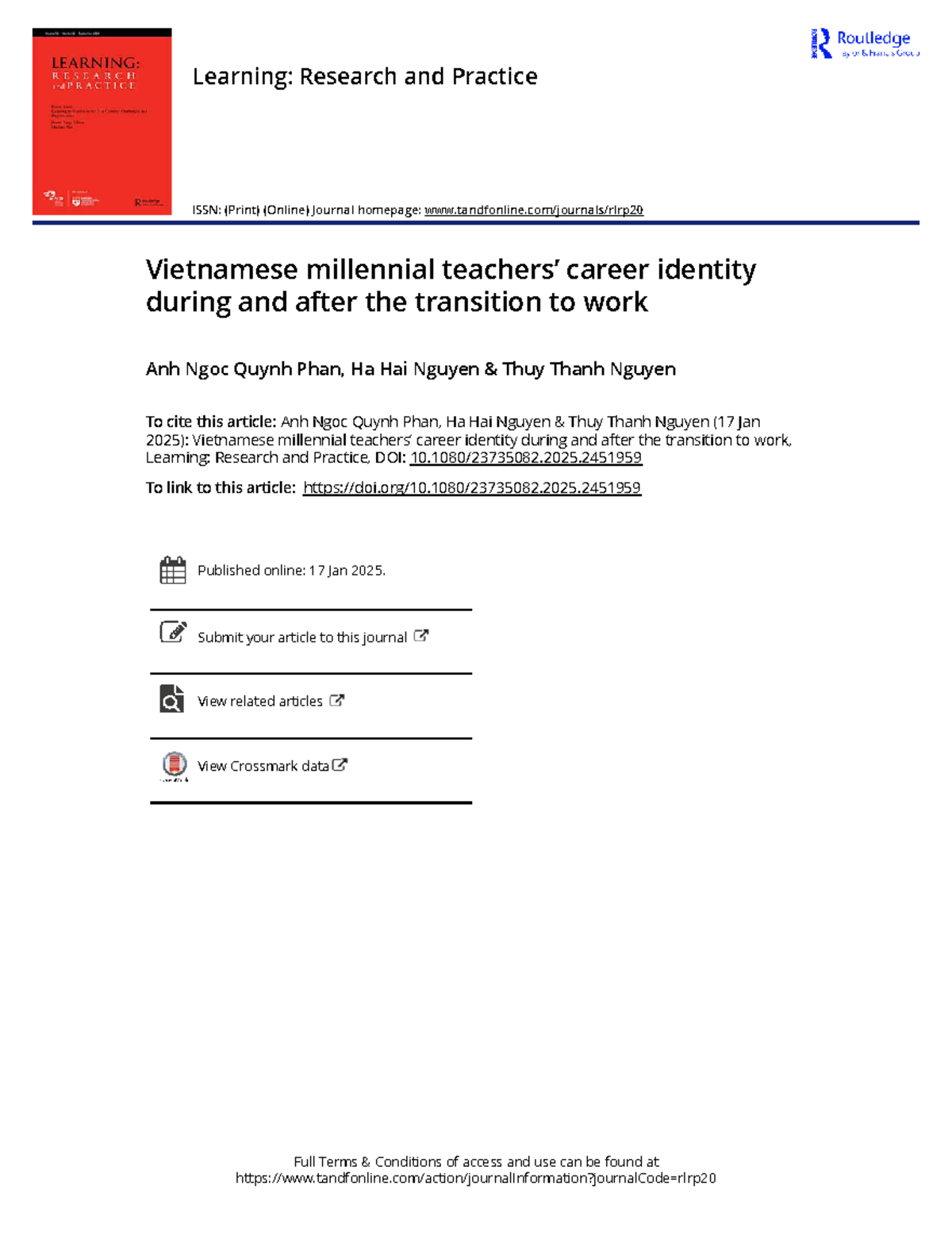Vietnamese Millennial Teachers' Career Identity: Transition to Work ...