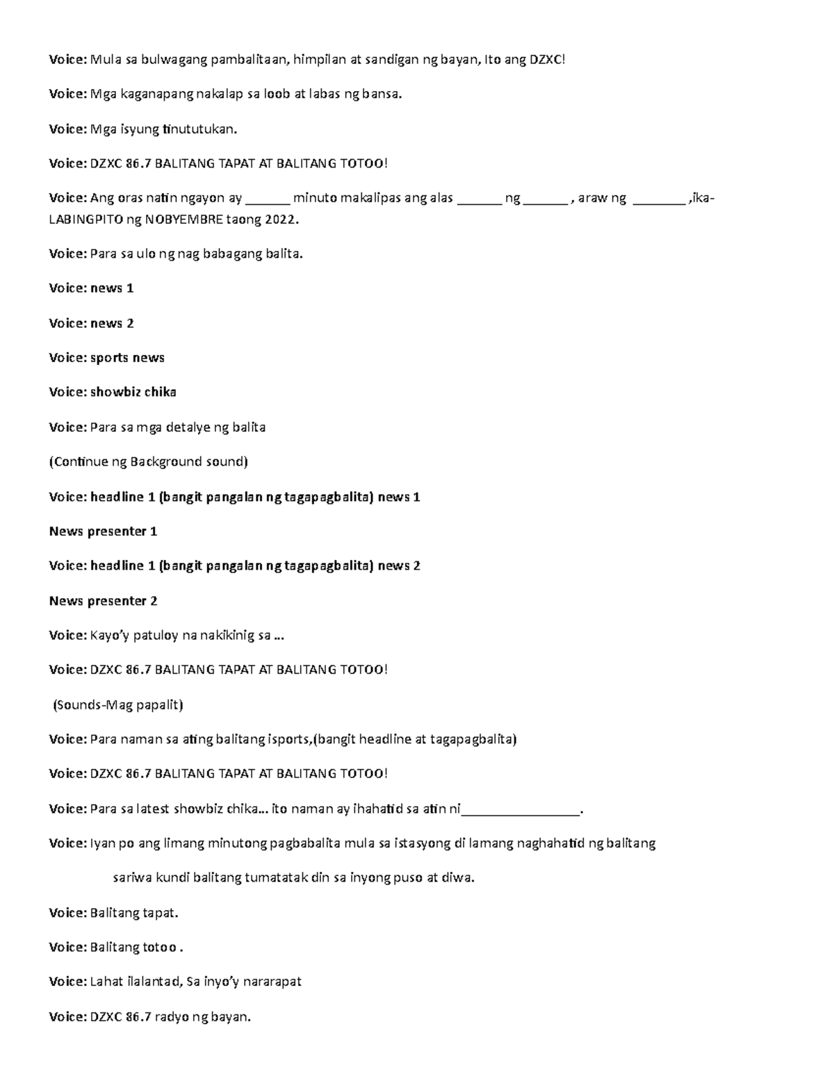 DZXC 86.7 Filipino Radio Broadcasting Script (Nobyembre 2022) - Studocu