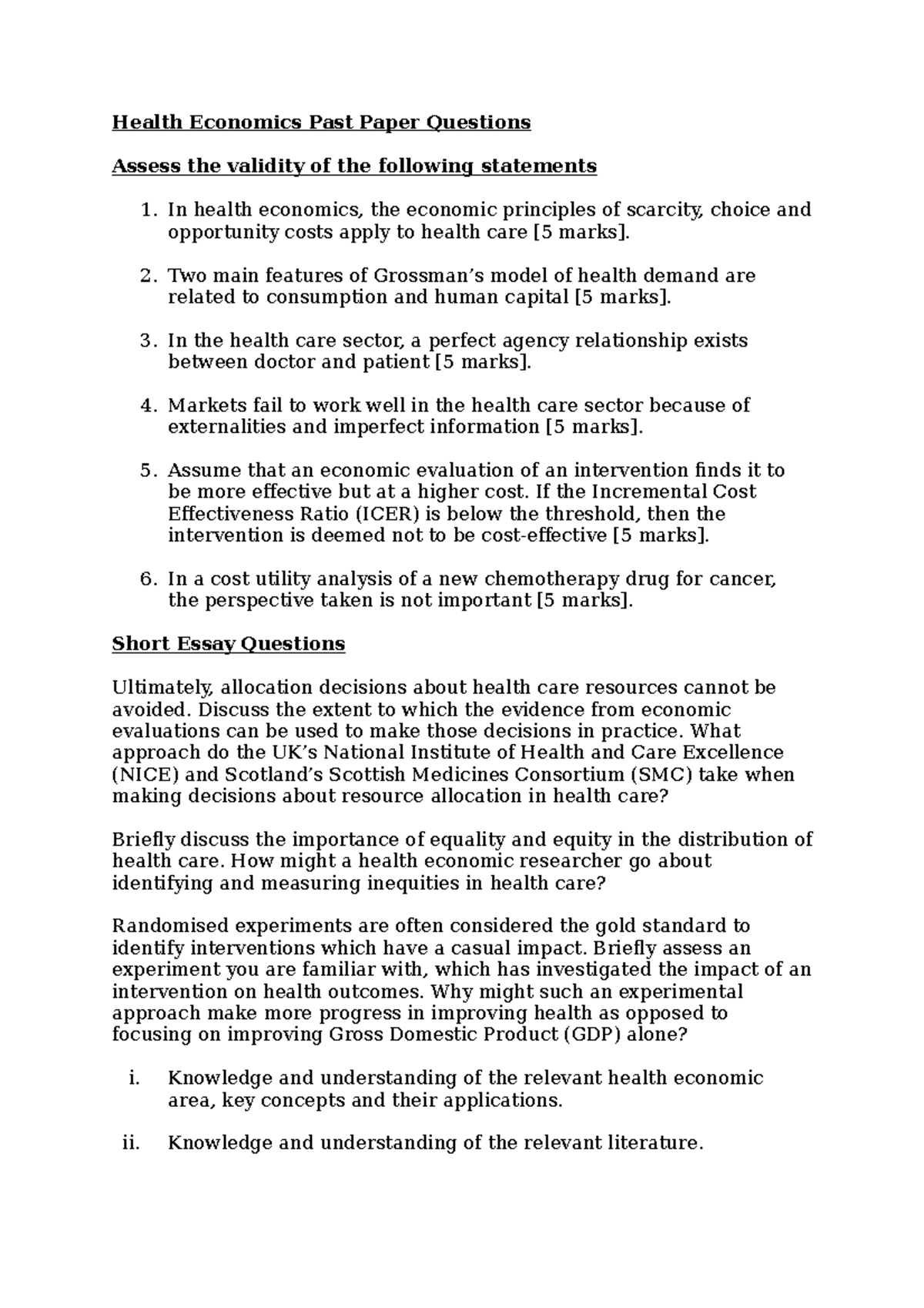 Health Past Paper Questions - Health Economics Past Paper Questions ...