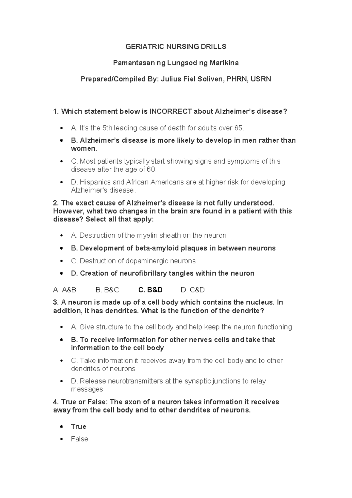 NCM 114 Geriatric Nursing Drills: Key Concepts and Practice Questions ...