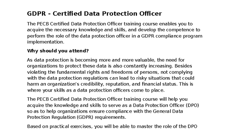GDPR - Certified Data Protection Officer Training Course Overview - Studocu