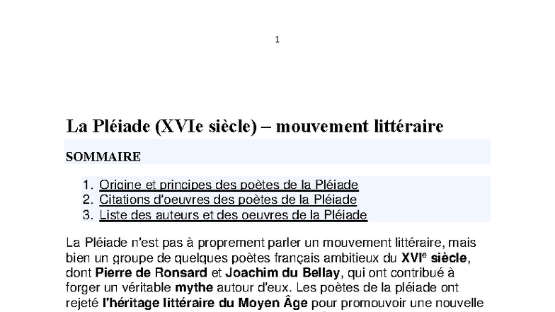 La Pléiade au XVIe siècle : Origines et Principes Littéraires - Studocu