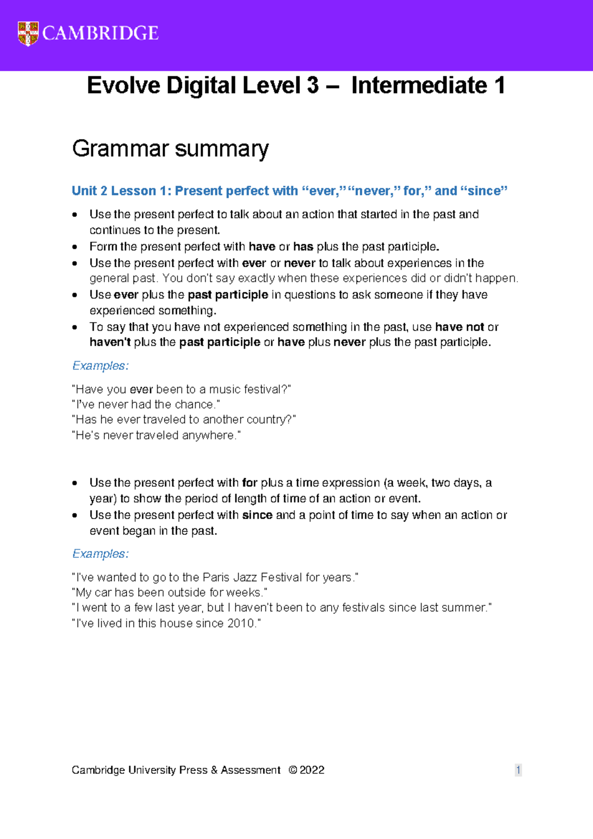 Unit 2 - I1 - Grammar Summary: Present Perfect Explained - Studocu