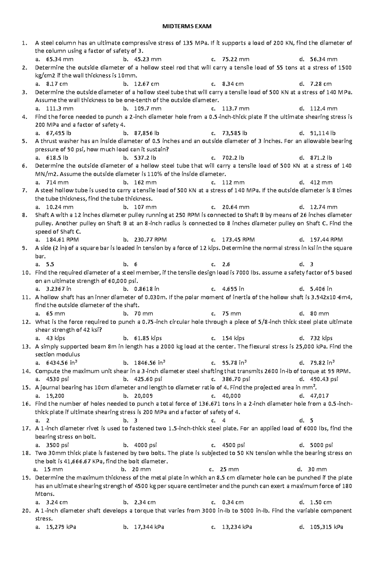 Midterm Exam Problems - MECH 101: Structural Analysis & Design - Studocu