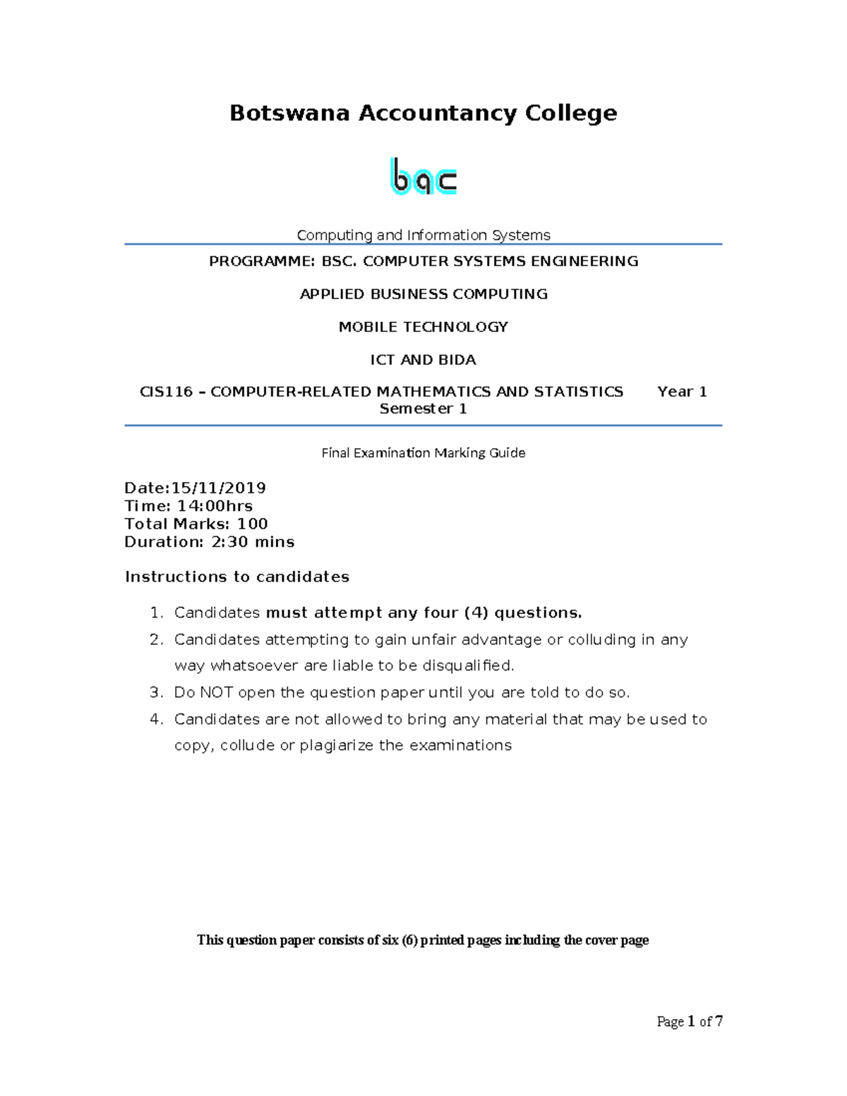 CIS116 Mathematics and Statistics Final Exam Marking Guide - Studocu
