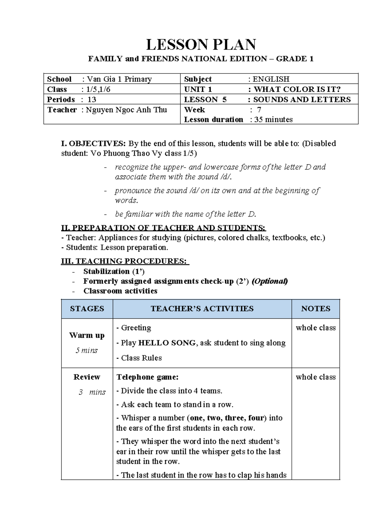 Lesson PLAN WEEK 7 - LESSON PLAN FAMILY and FRIENDS NATIONAL EDITION ...