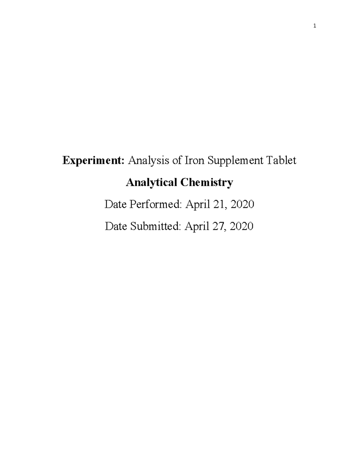 Analysis of Iron Supplement Tablet - Experiment: Analysis of Iron ...