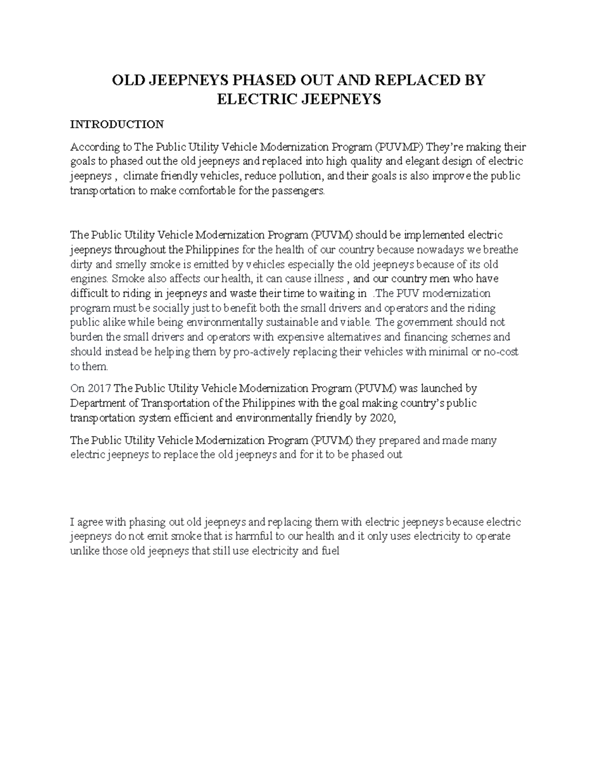Position Paper Example - OLD JEEPNEYS PHASED OUT AND REPLACED BY ...