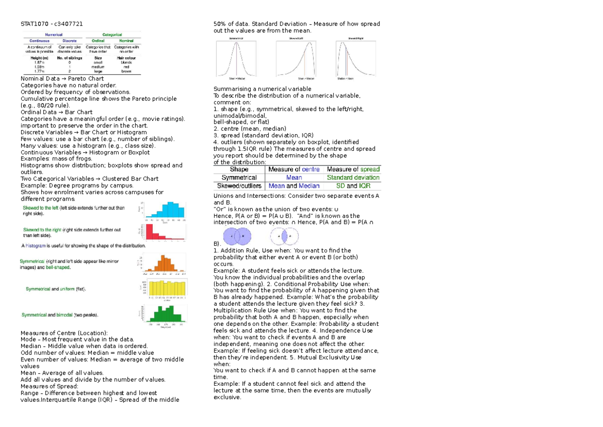 STAT1070 - Mid Semester Exam Cheat Sheet on Data Analysis Techniques - Studocu