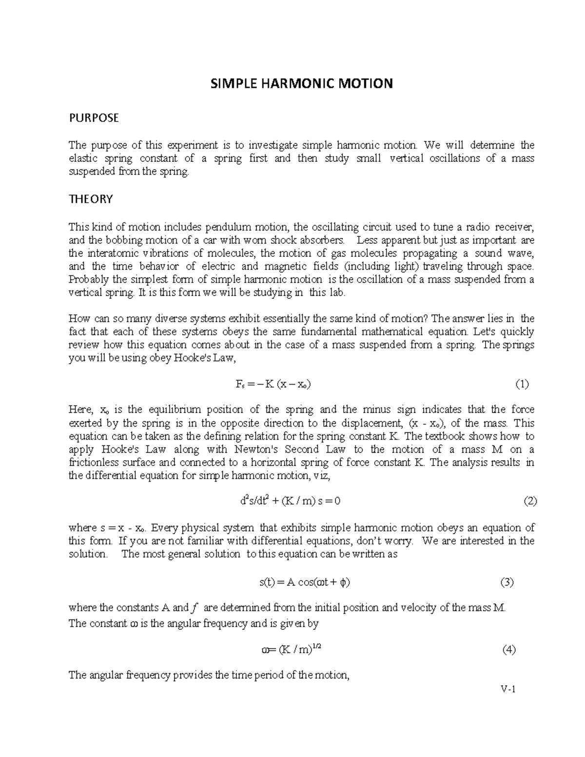 Simple Harmonic Motion Lab - SIMPLE HARMONIC MOTION PURPOSE The purpose ...