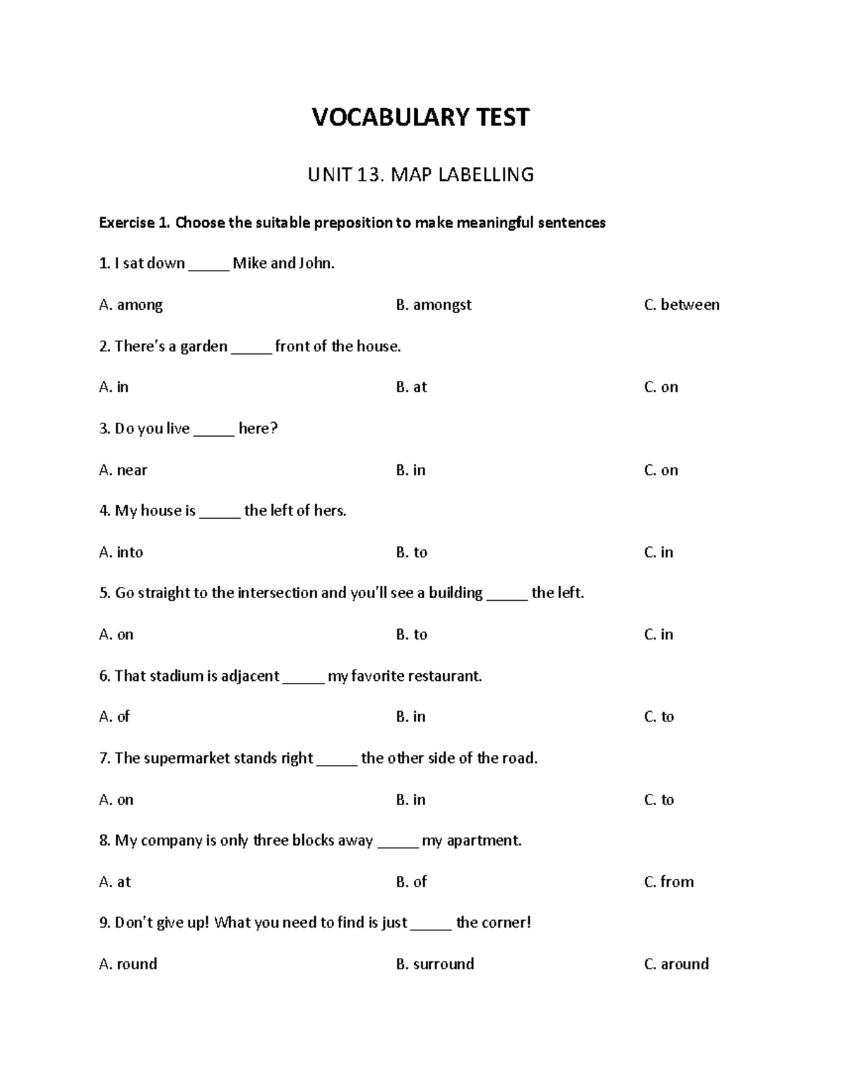 Vocabulary Test Unit 13: Prepositions & Synonyms Exercise - Studocu