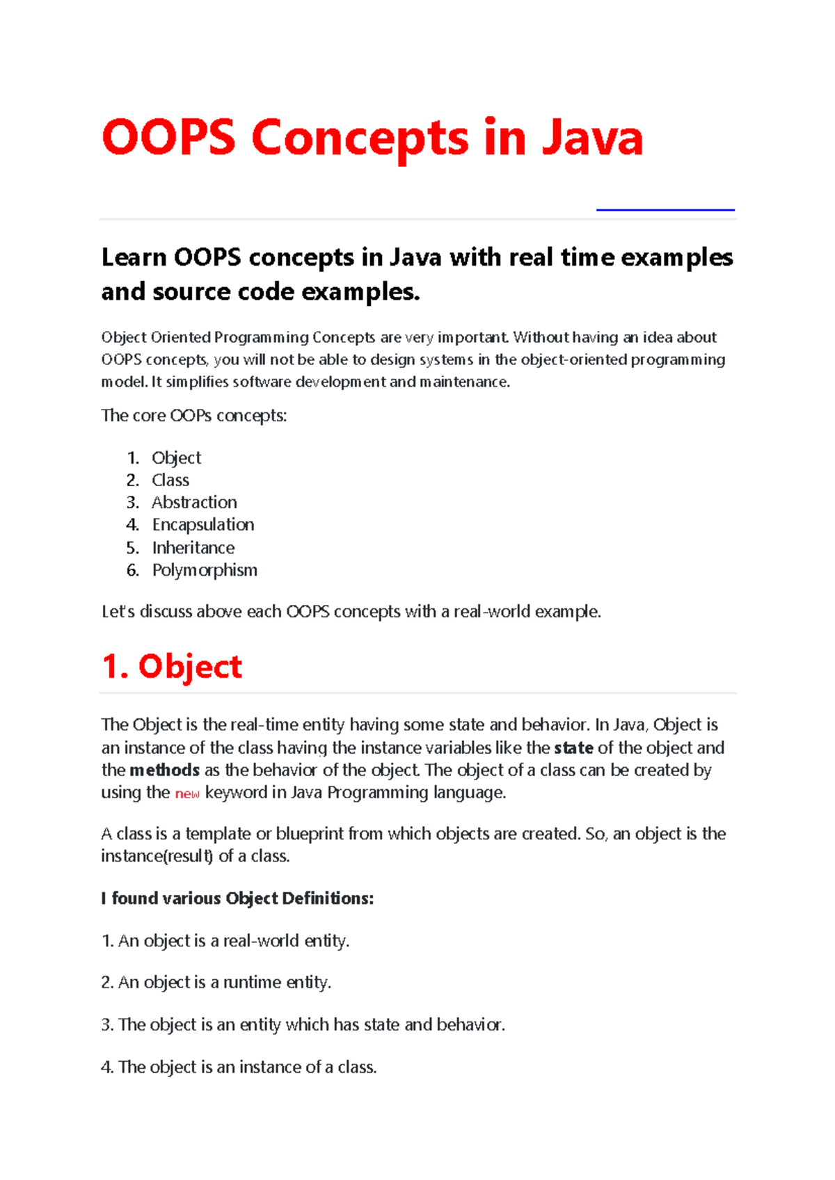 OOPS Concepts in Java (CS101) - Comprehensive Study Notes - Studocu