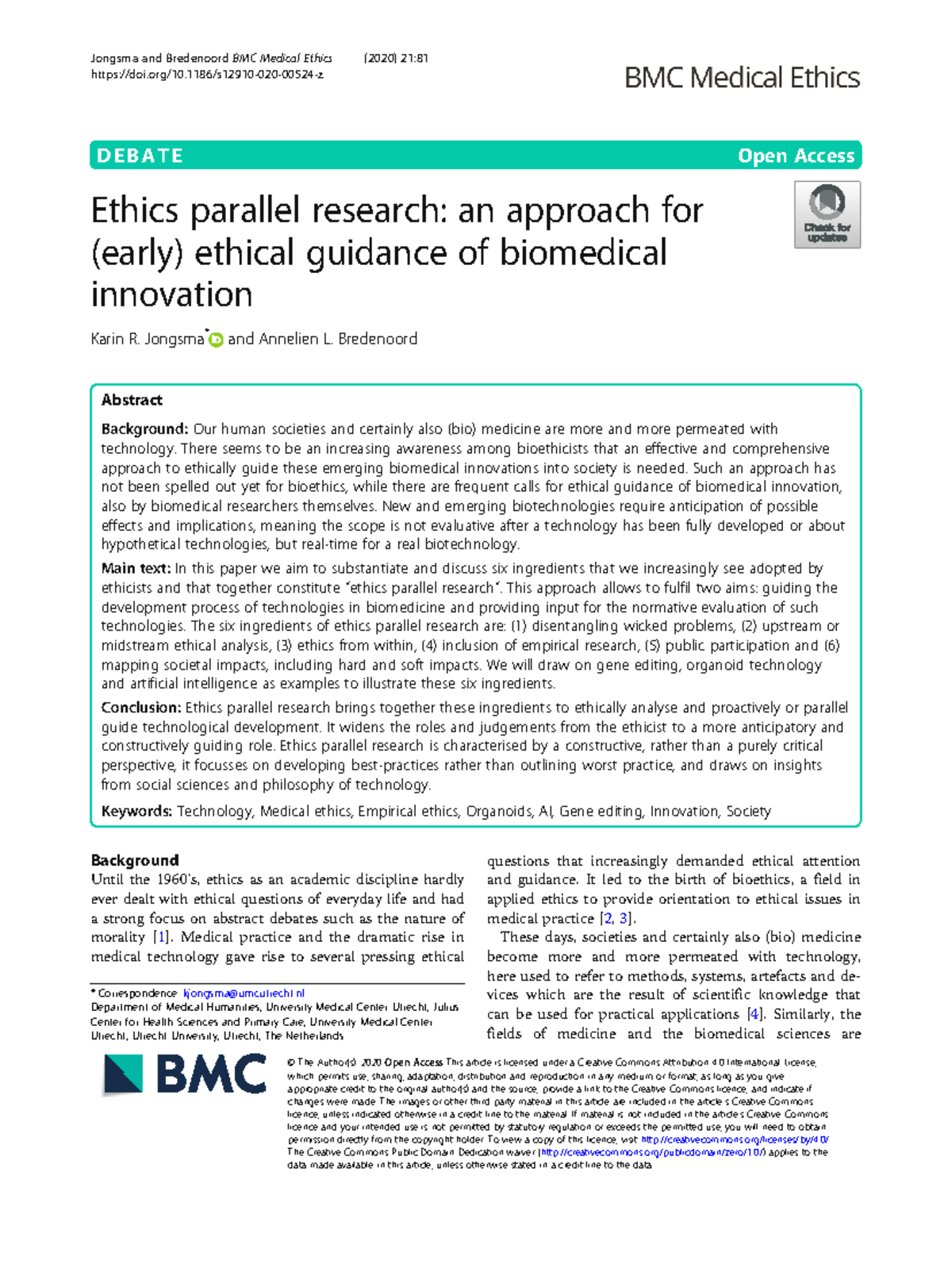 Ethics Parallel Research in Biomedical Innovation: Jongsma & Bredenoord ...