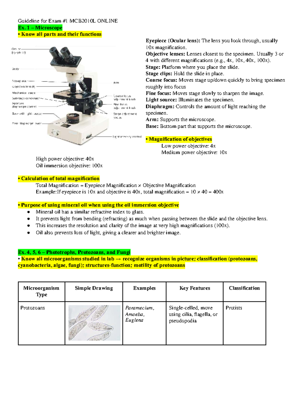 Guidelines for Exam 1 in MCB2010L: Microscope and Microbial Techniques ...