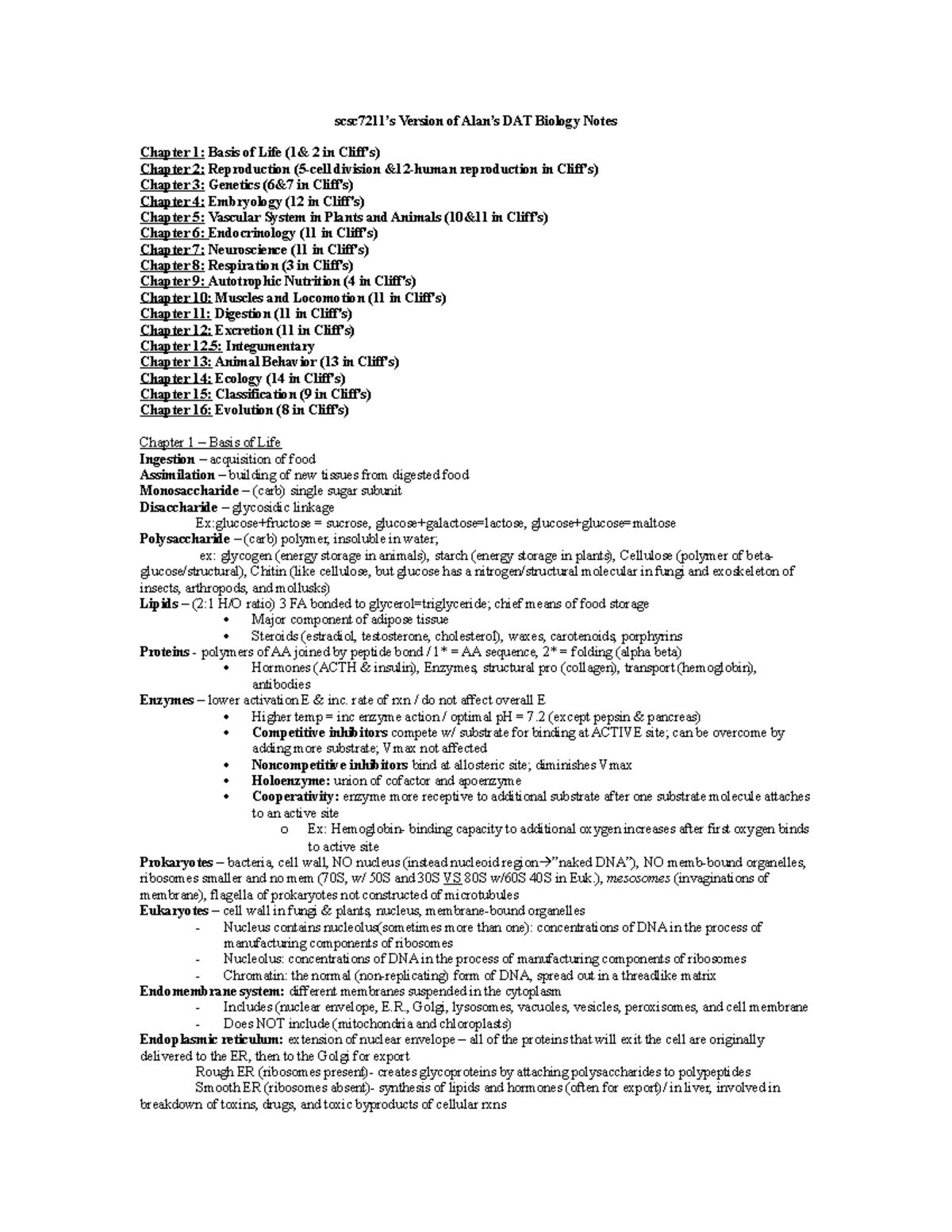 DAT Biology Chapter Notes (scsc7211) - Alan's Comprehensive Study Guide ...