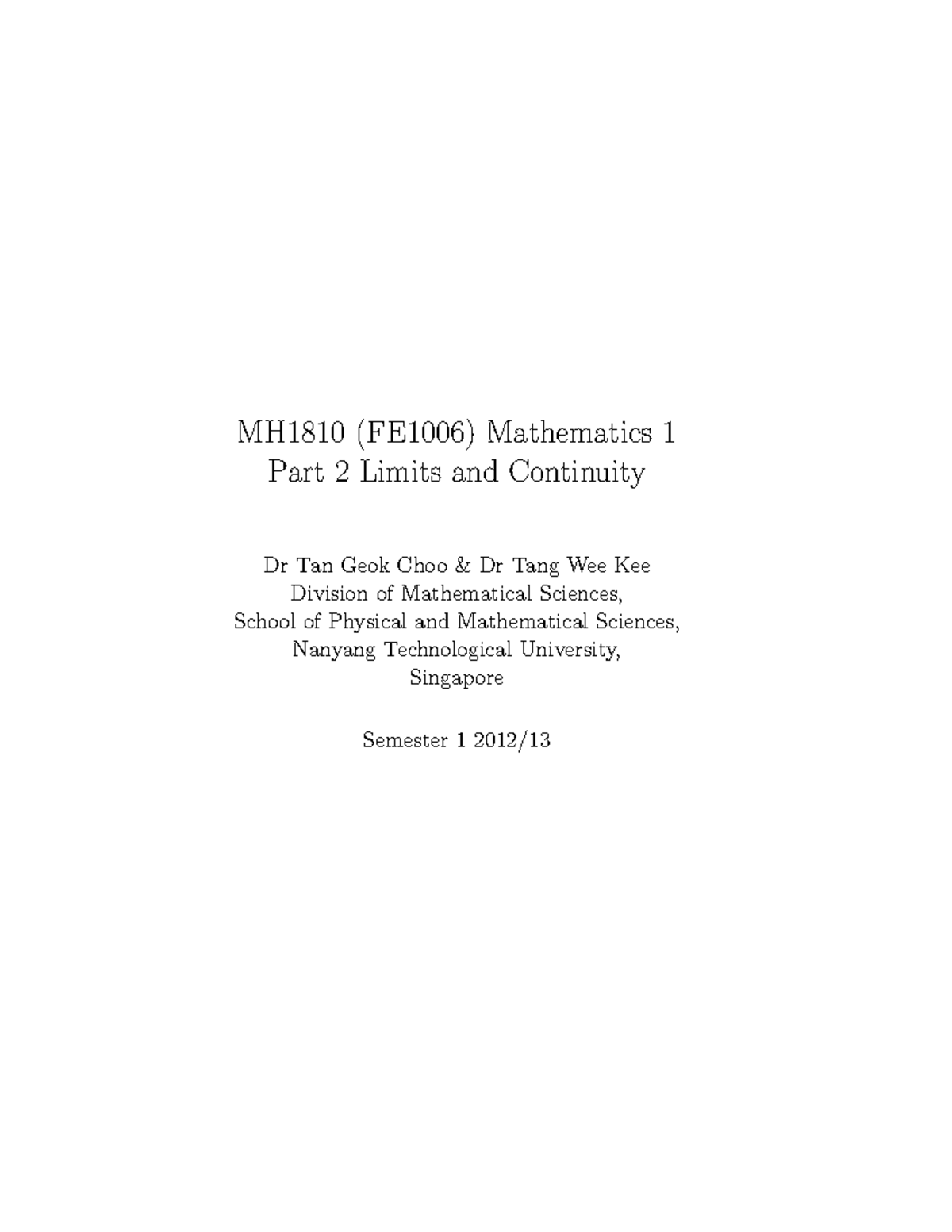 MH1810 (FE1006) Engineering Lecture Notes: Calculus 2012 - Limits ...