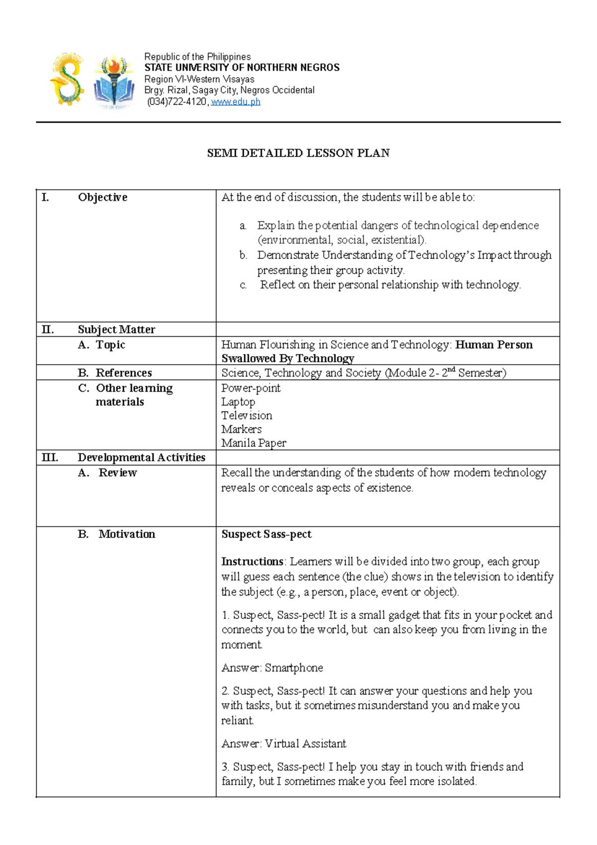 SEMI-DETAILED LESSON PLAN: Human Flourishing & Tech Dependence STS ...