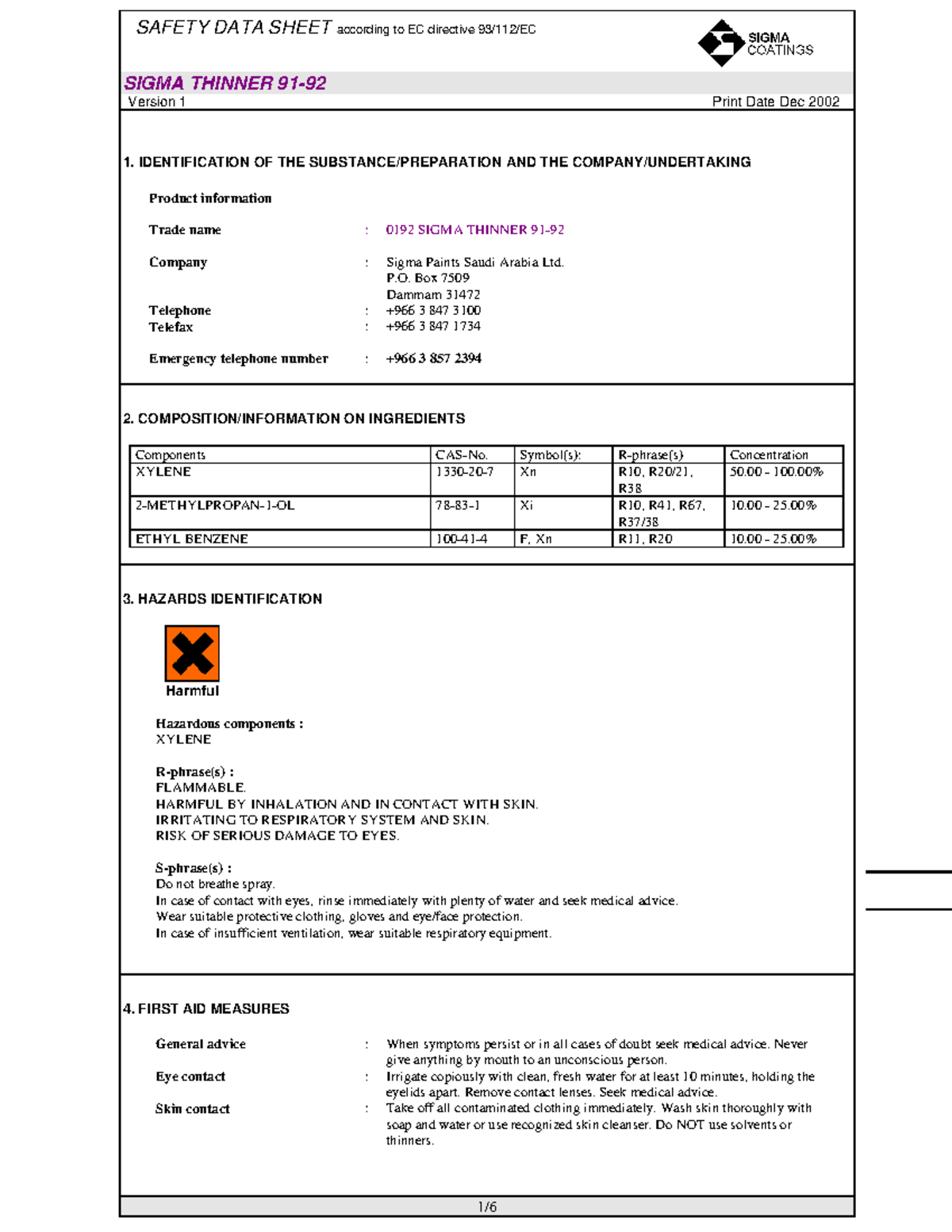 MSDS 0192 Sigma Thinner 91-92 Safety Data Sheet - Studocu
