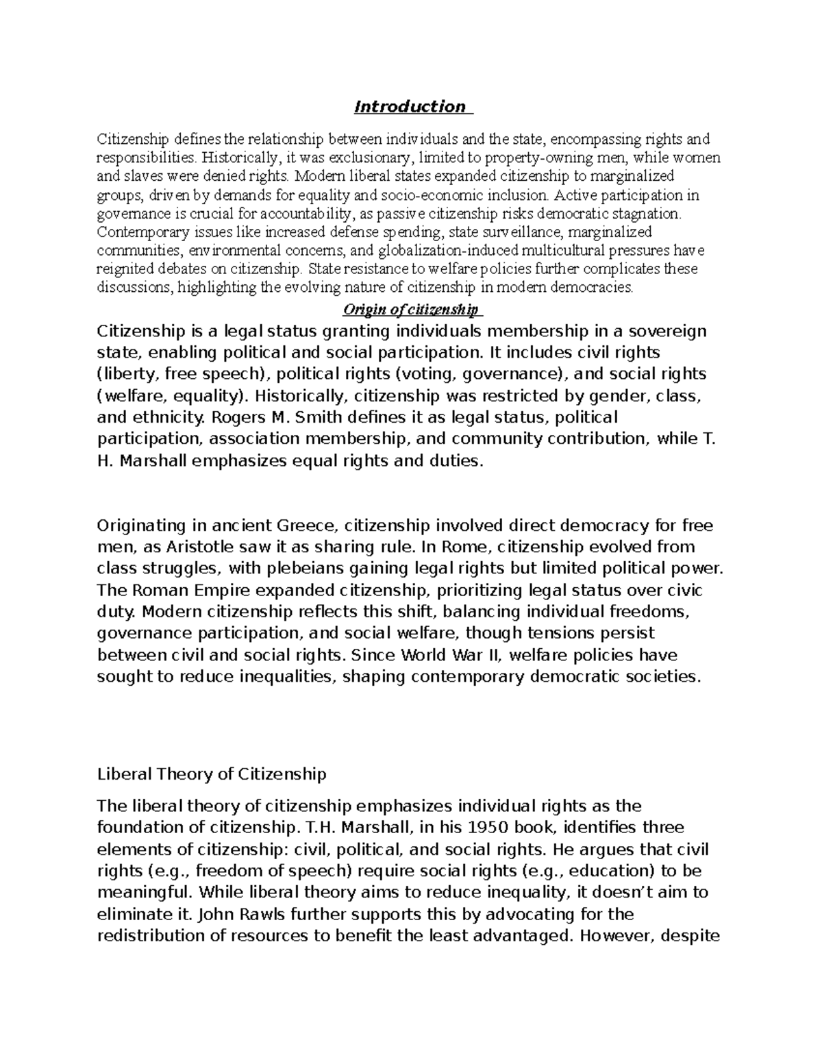 Citizenship: Historical Evolution and Modern Implications - Notes - Studocu