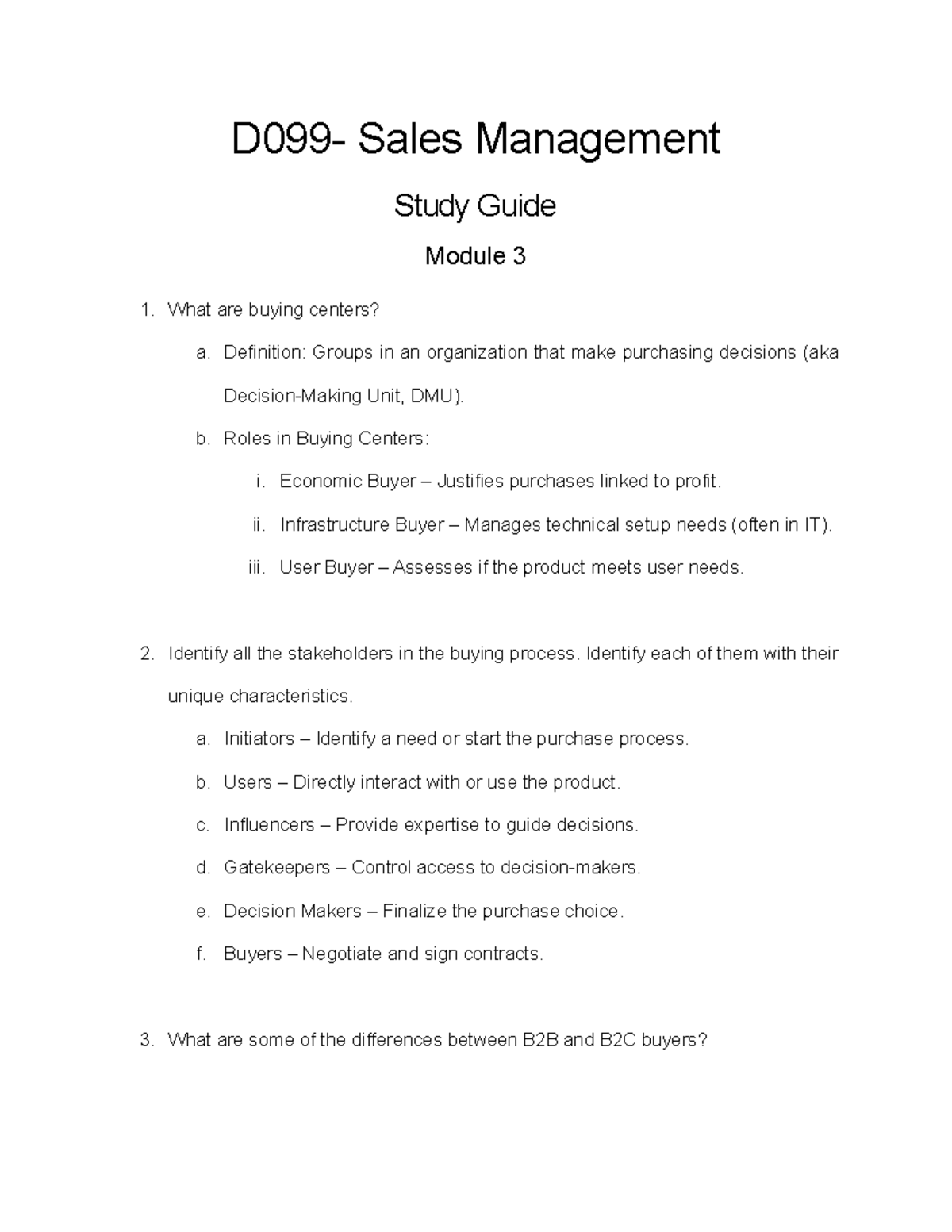 D099-Sales Management Study Guide: Module 3 Insights and Key Concepts ...