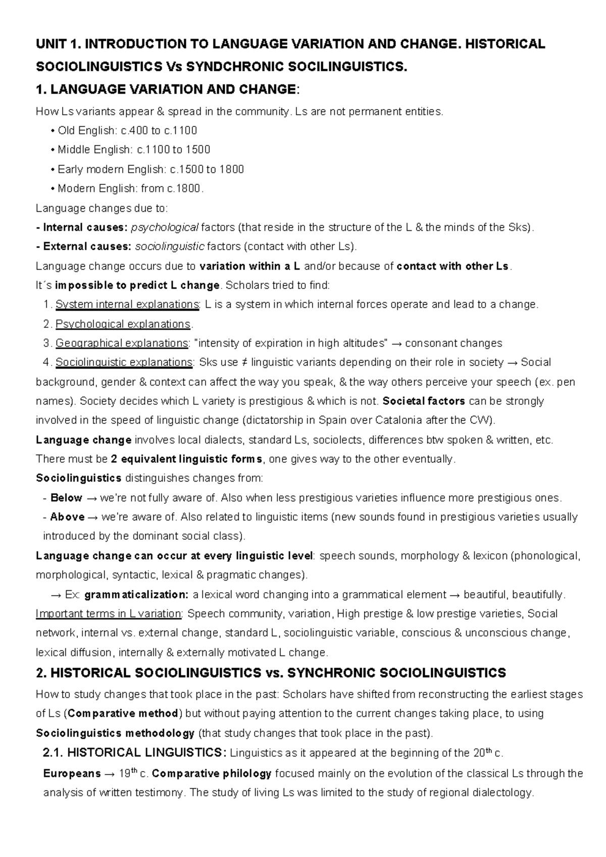 UNIT 1. Language Variation & Change: Historical vs. Synchronic ...