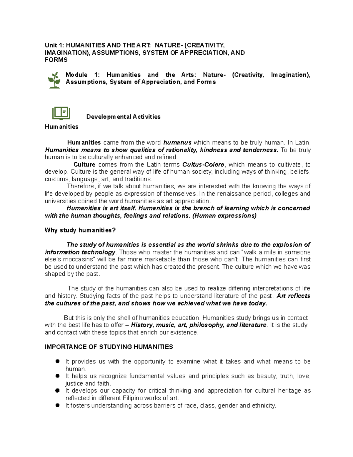 Unit 1- Art App Reviewer - Unit 1: HUMANITIES AND THE ART: NATURE ...