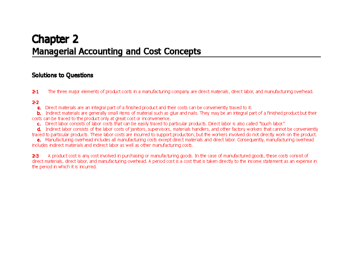 Chapter 2 Problem Solutions - Chapter 2 Managerial Accounting and Cost ...