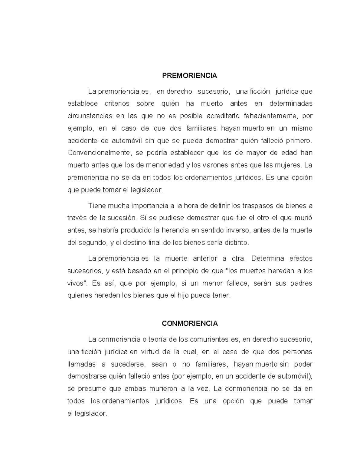 Premoriencia y Conmoriencia en Derecho Sucesorio: Conceptos Clave - Studocu