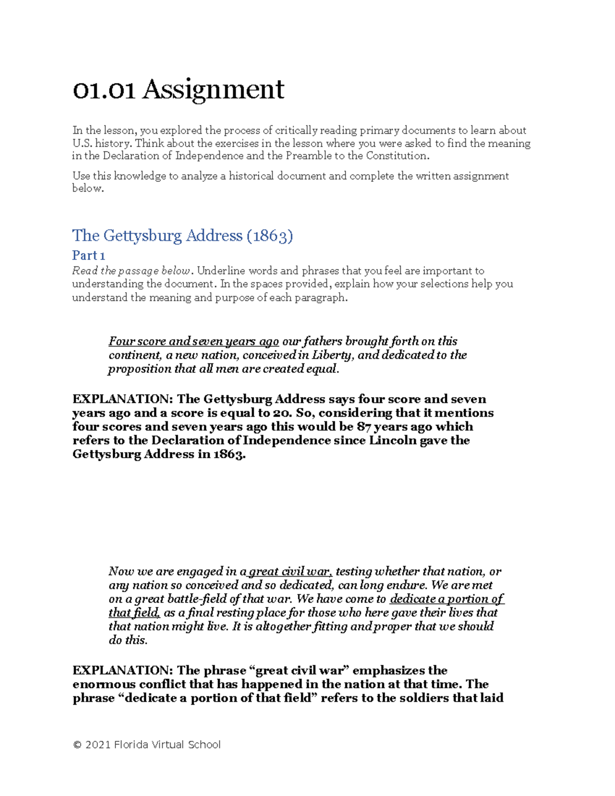 01 US History - Analyzing the Gettysburg Address Assignment - Studocu