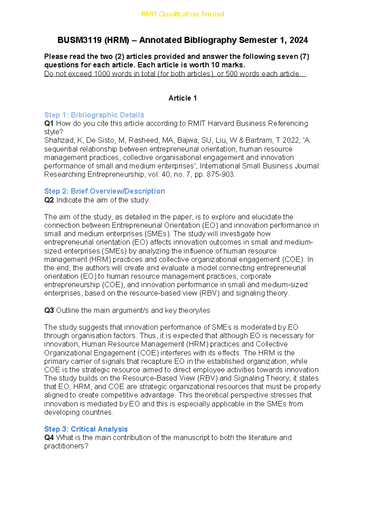 BUSM3119 (HRM) Annotated Bibliography: Articles Analysis for Semester 1 ...