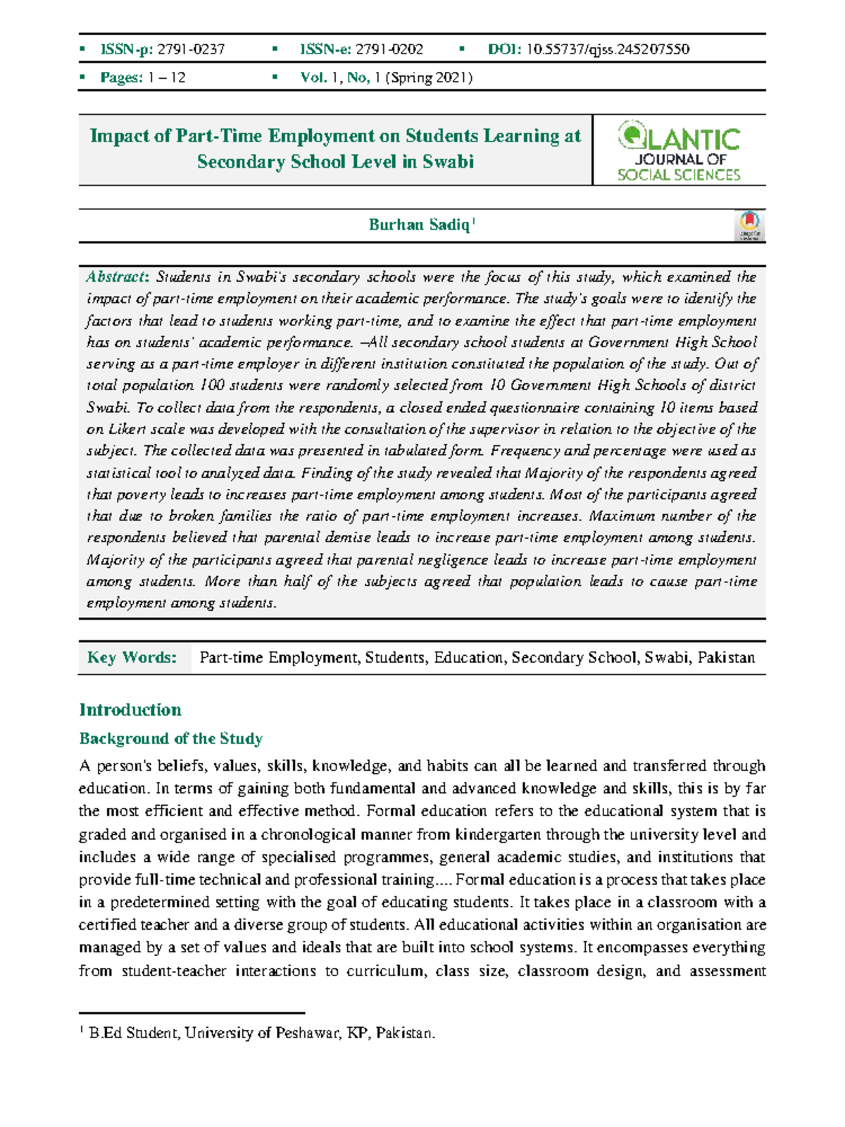 Impact of Part-Time Employment on Secondary Students' Learning in Swabi ...