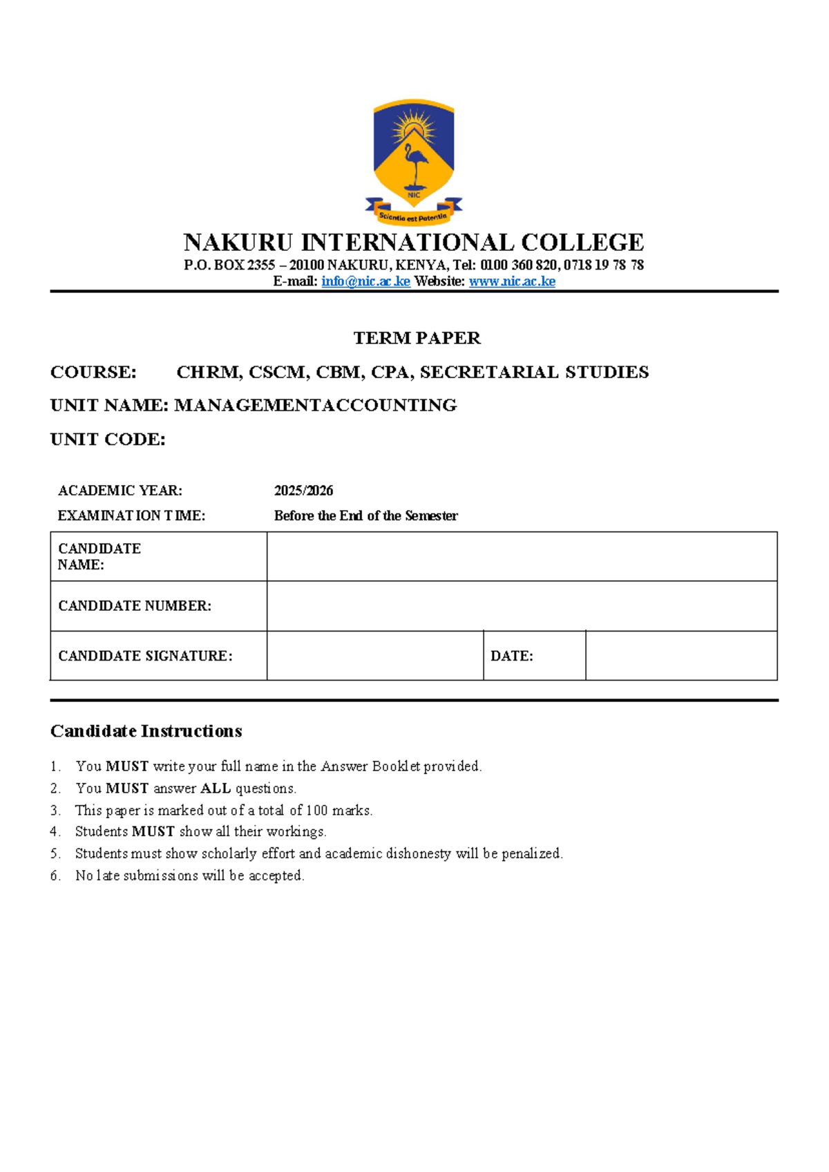 MA TERM Paper: Management Accounting CHRM, CSCM, CBM, CPA - Studocu