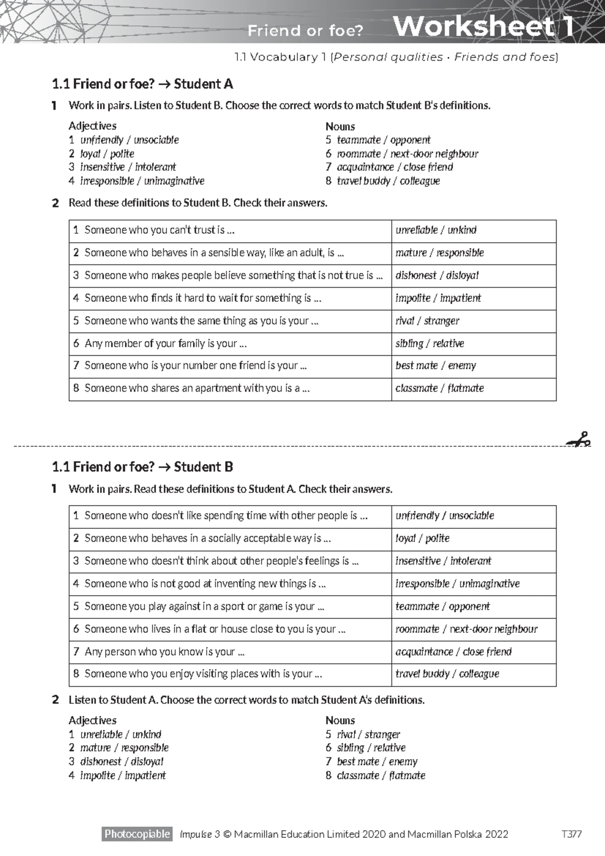 Impulse 3 B1+ Unit 1 Grammar Short Test 1 A+B - Studocu