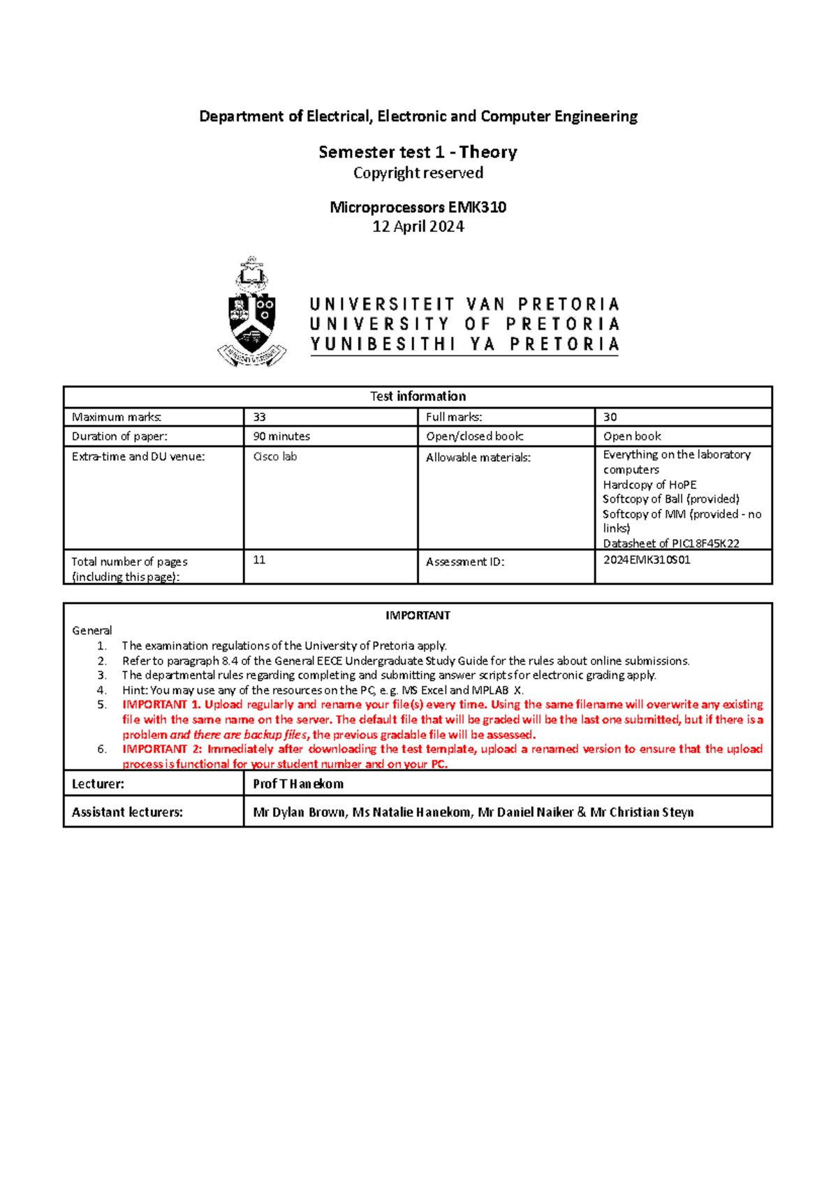 2024 EMK310 Semester Test 01 - Microprocessor Design and Theory - Studocu
