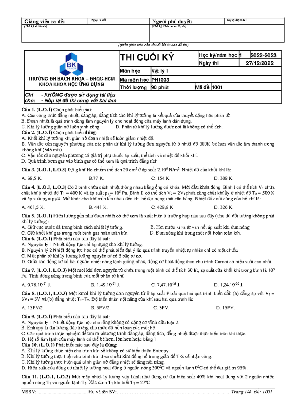 1001- Printed - dthi - Giảng viên ra đề: (Ngày ra đề) Người phê duyệt ...