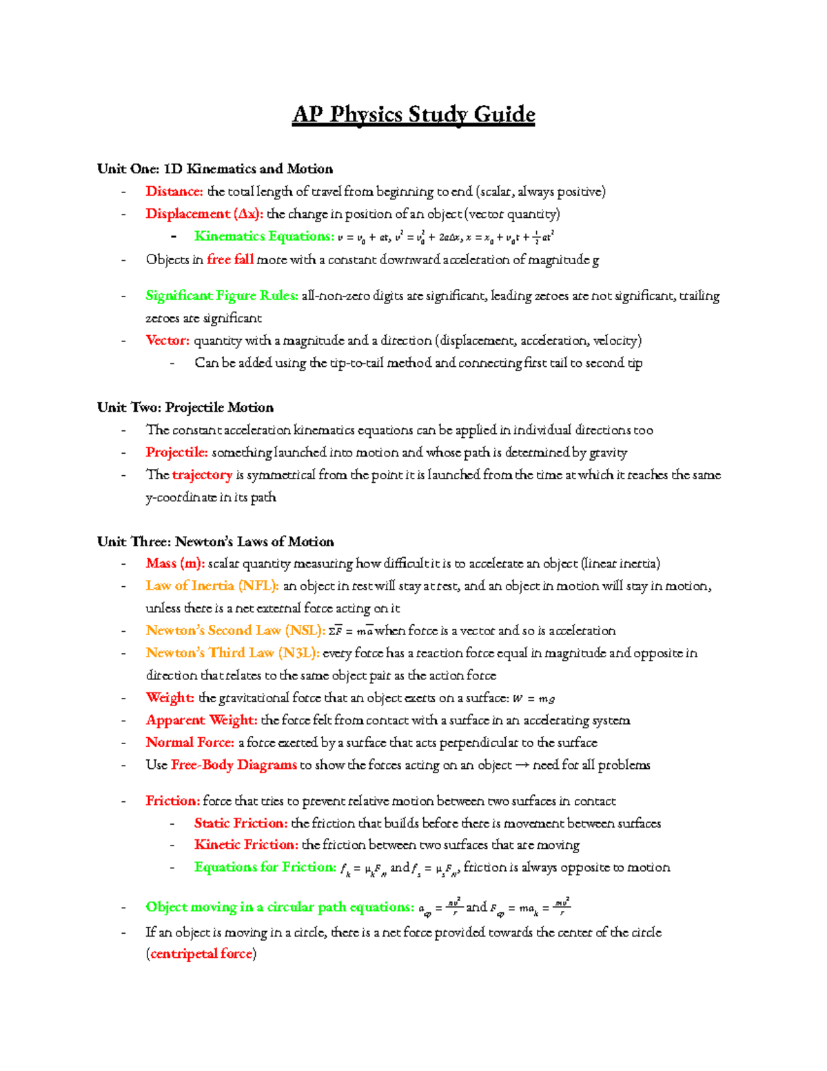 AP Physics 1 Notes - Comprehensive Guide on All Units - Studocu