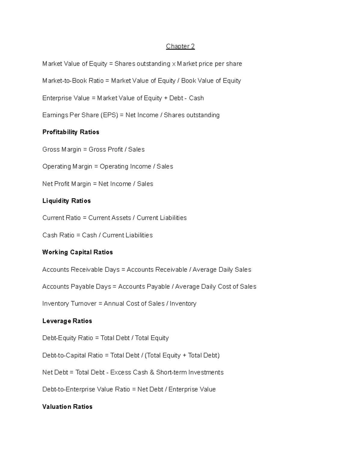 FIN 2200 Formula Sheet: Key Financial Ratios & Valuation Concepts - Studocu