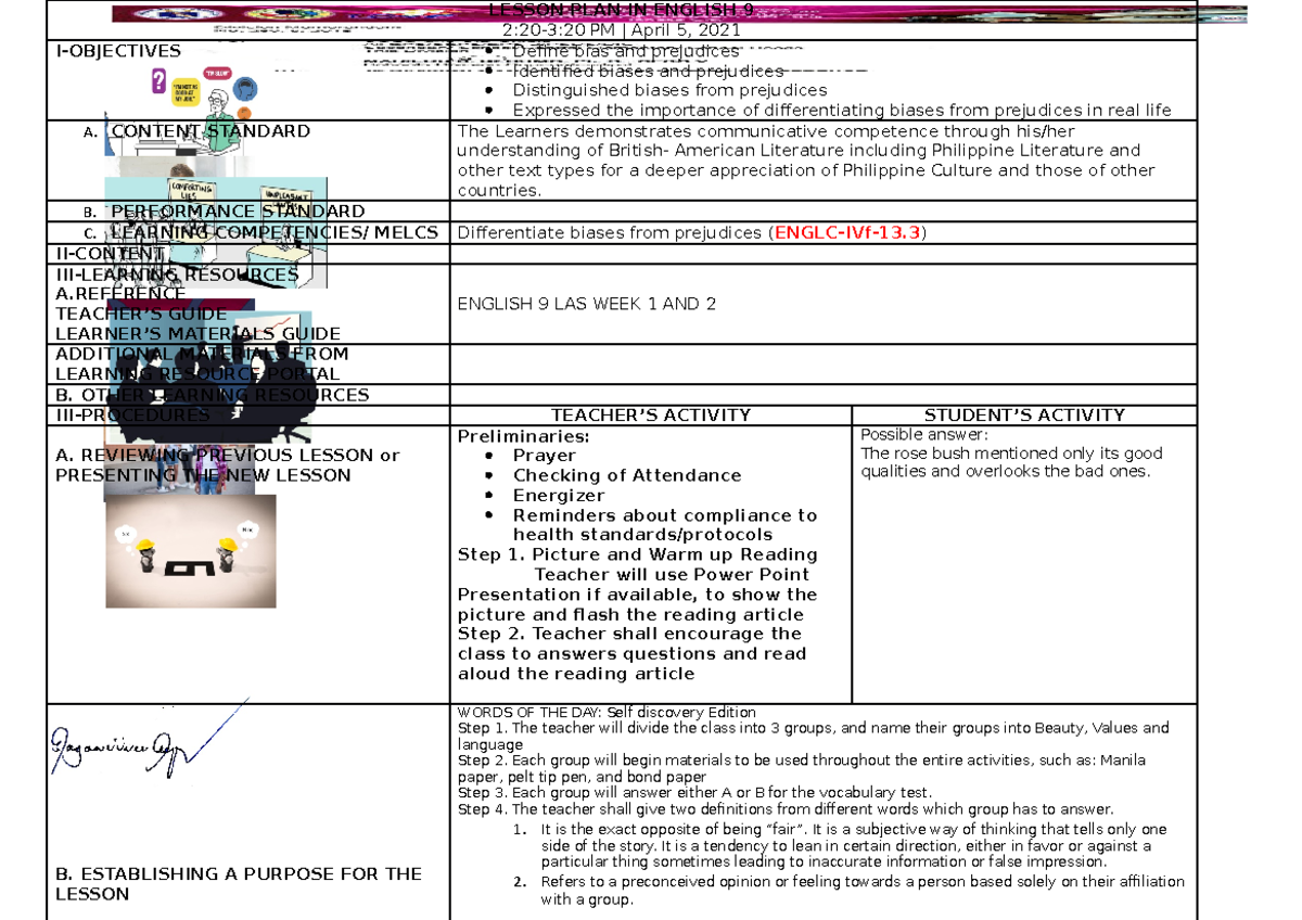Physical Education Lesson Plan 1st Quarter - LESSON PLAN IN ENGLISH 9 2 ...