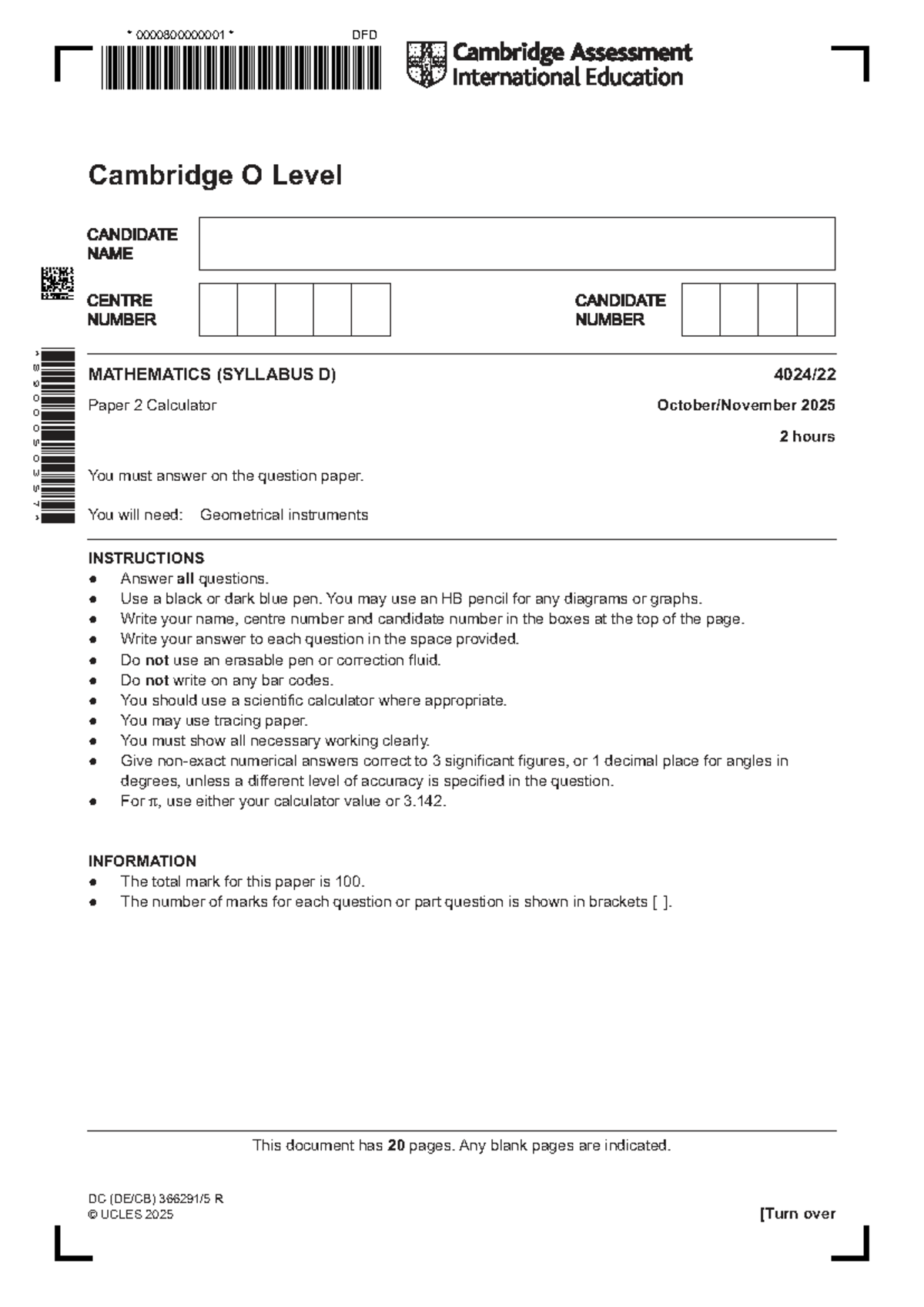 DFD Cambridge O Level 2025 Mathematics Paper 2 Calculator (4024) - Studocu