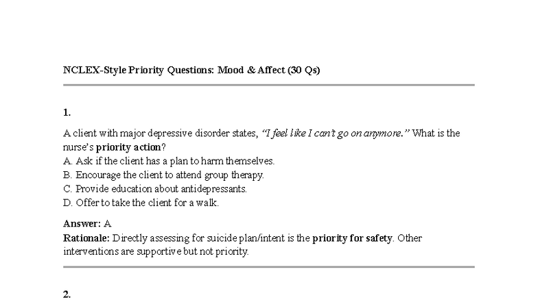 Mood and Affect Priority Questions (30 Qs) - Studocu