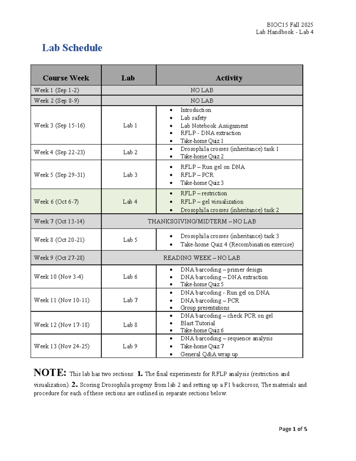 BIOC15 Fall 2025 Lab Handbook: Lab 4 - RFLP & Drosophila Genetics - Studocu