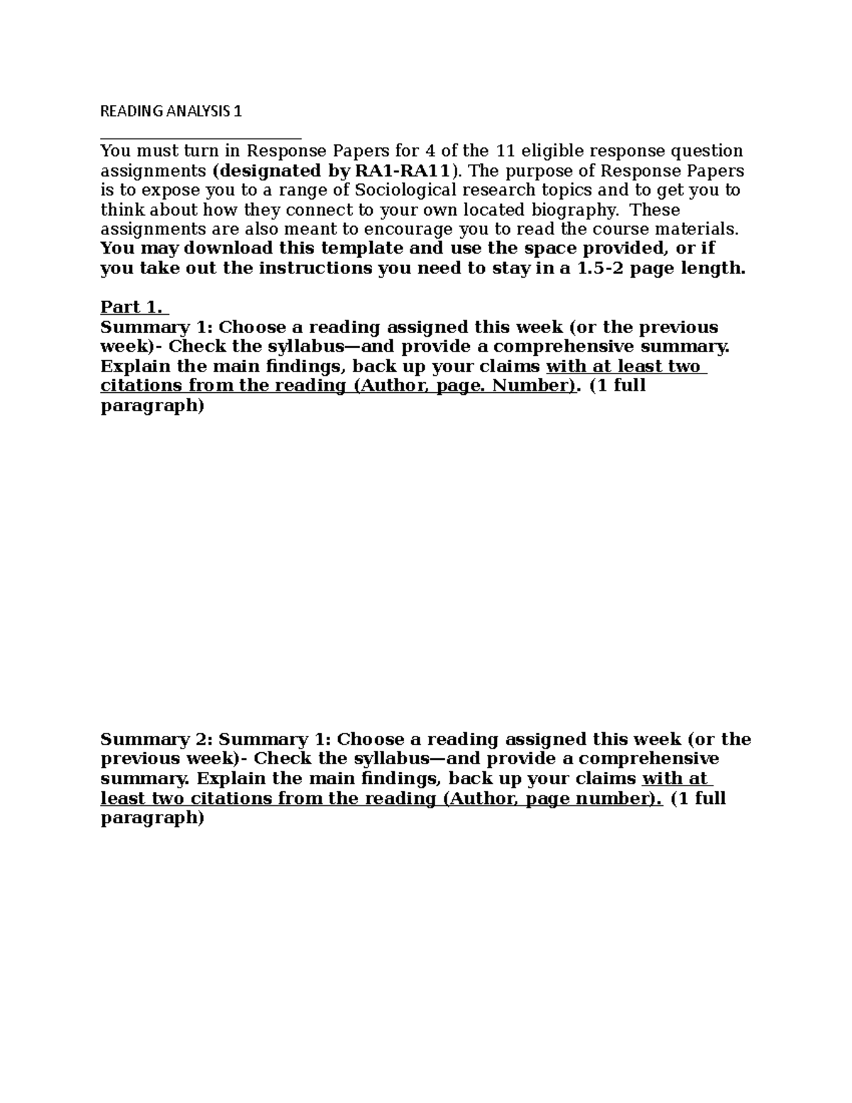 Response Paper Guidelines for Reading Analysis 1 (RA1) - Studocu