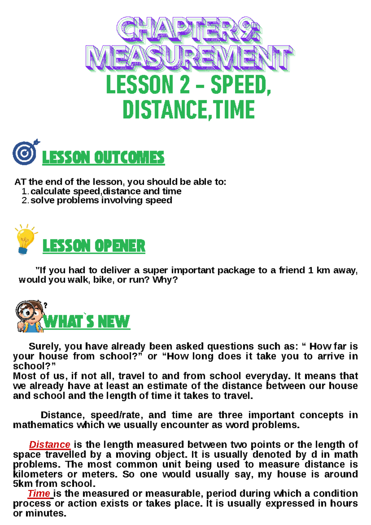 CHAPTER 9: MEASUREMENT LESSON 2 - SPEED, DISTANCE, TIME OUTCOMES - Studocu