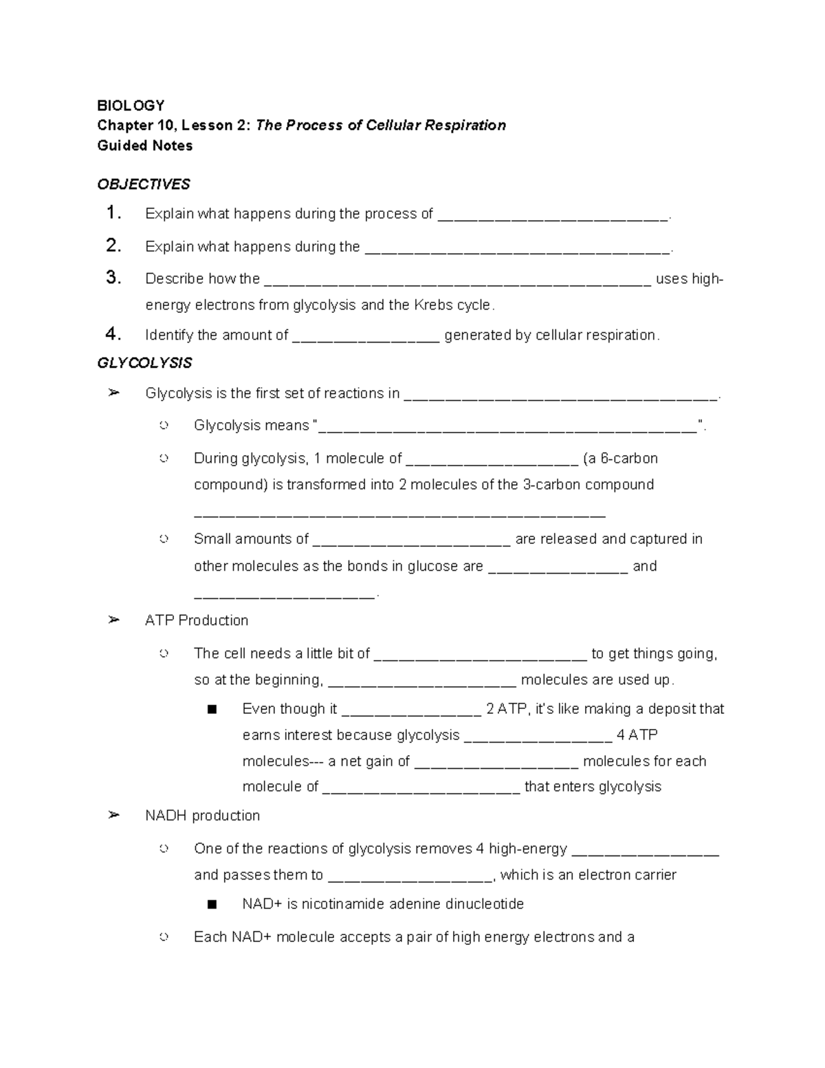 Biology 10.2 Guided Notes: Cellular Respiration Overview and Key ...