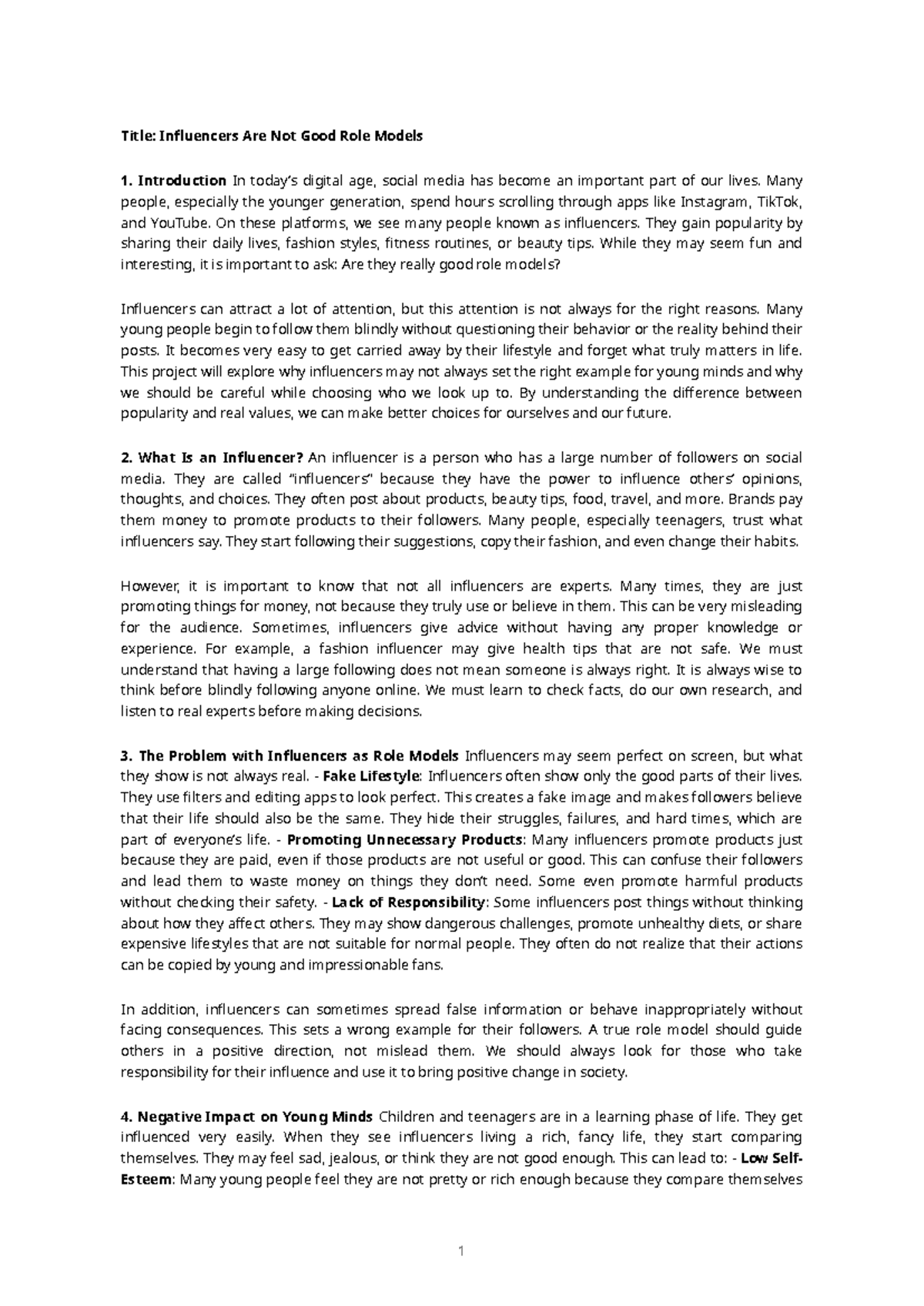 Influencers Not Role Models: A Critical Analysis of Their Impact - Studocu